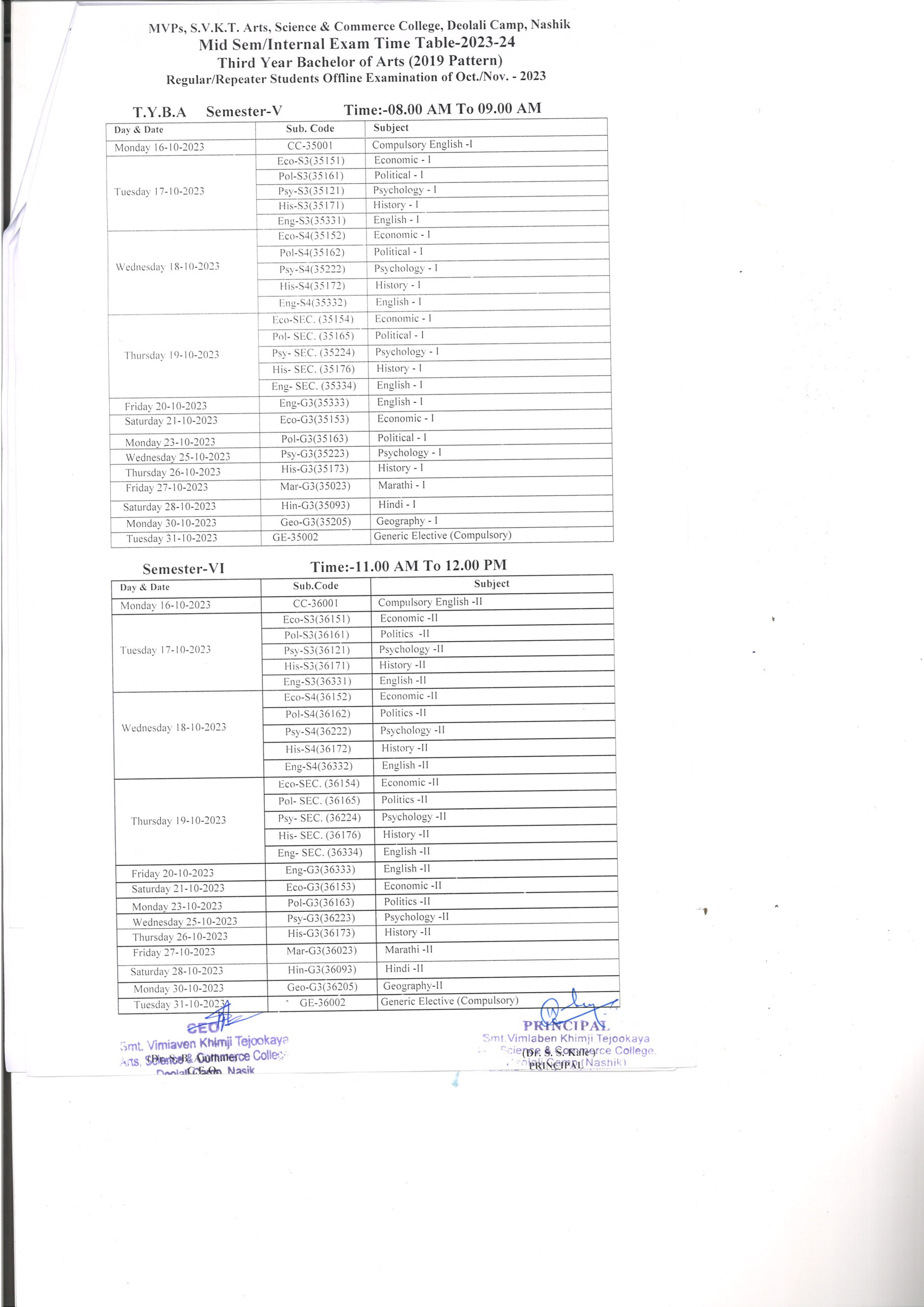 T.Y.B.A. 2019 Pattern Internal Exam Time Table Oct/Nov 2023-2024 – MVPS's SVKT Arts, Science ...